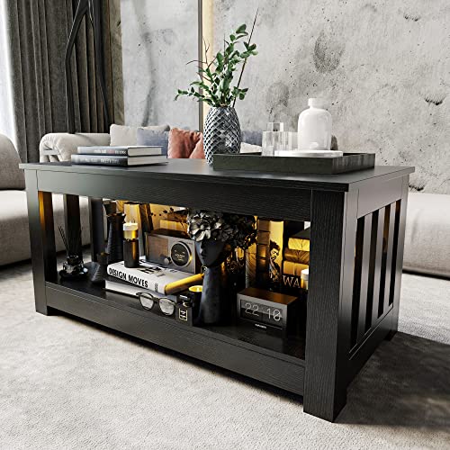 ODIKA Black Coffee Table, 2-Tier Rectangular Small Coffee Table, Living Room Table, Sturdy Frame, Scratch/Stain/Water Resistant Farmhouse Coffee Table, Easy Assembly