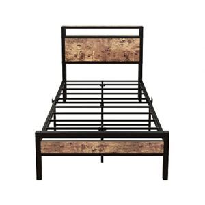 BOFENG Metal Bed Frame Twin Size with 2-Tier Storage Wooden Headboard/USB Charging Station,Heavy Duty Metal Platform Bed Frames No Box Spring Needed,Mattress Foundation Firm Steel Slat Support