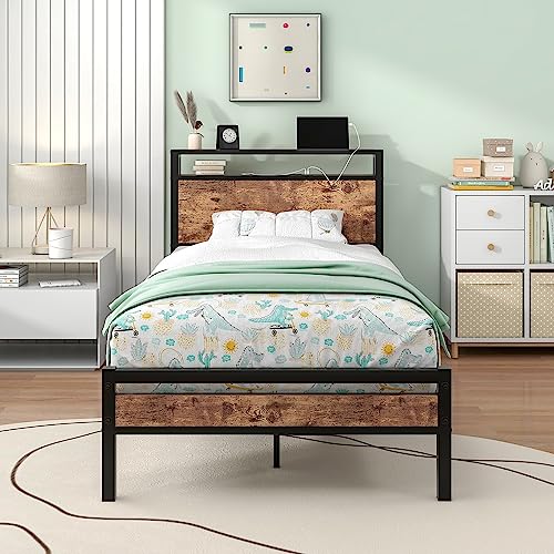 BOFENG Metal Bed Frame Twin Size with 2-Tier Storage Wooden Headboard/USB Charging Station,Heavy Duty Metal Platform Bed Frames No Box Spring Needed,Mattress Foundation Firm Steel Slat Support