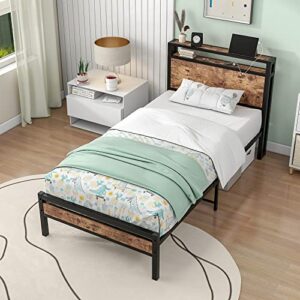 BOFENG Metal Bed Frame Twin Size with 2-Tier Storage Wooden Headboard/USB Charging Station,Heavy Duty Metal Platform Bed Frames No Box Spring Needed,Mattress Foundation Firm Steel Slat Support