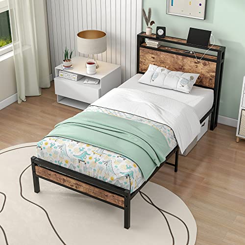 BOFENG Metal Bed Frame Twin Size with 2-Tier Storage Wooden Headboard/USB Charging Station,Heavy Duty Metal Platform Bed Frames No Box Spring Needed,Mattress Foundation Firm Steel Slat Support