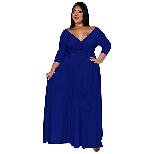 Nmoder Plus Size Dresses for Women Fall 3/4 Sleeve Wrap V-Neck Flowy Maxi Dress Royal Blue XL