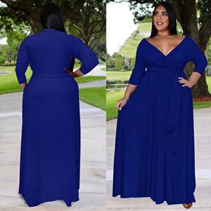 Nmoder Plus Size Dresses for Women Fall 3/4 Sleeve Wrap V-Neck Flowy Maxi Dress Royal Blue XL