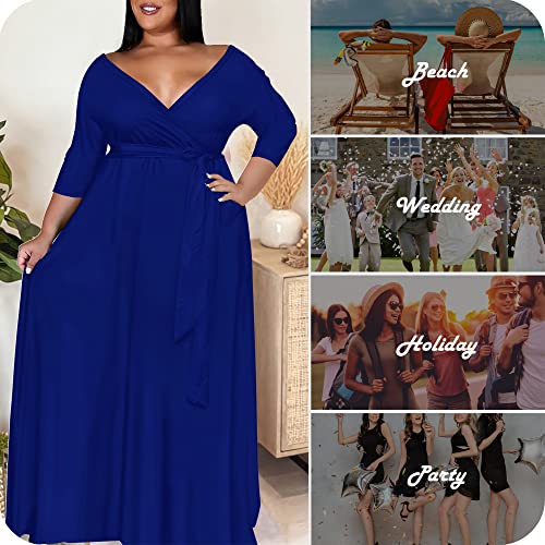 Nmoder Plus Size Dresses for Women Fall 3/4 Sleeve Wrap V-Neck Flowy Maxi Dress Royal Blue XL