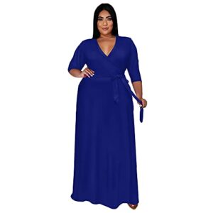 Nmoder Plus Size Dresses for Women Fall 3/4 Sleeve Wrap V-Neck Flowy Maxi Dress Royal Blue XL