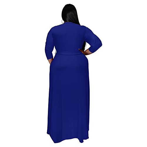 Nmoder Plus Size Dresses for Women Fall 3/4 Sleeve Wrap V-Neck Flowy Maxi Dress Royal Blue XL