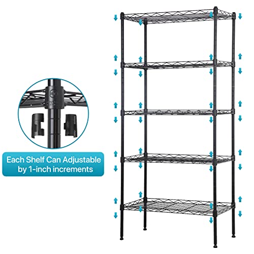 5 Wire Shelving Unit Storage Shelf Adjustable Heavy Duty Shelf with Leveling Feet for Closet Laundry Pantry Kitchen Garage 750 LBS Capacity 21.5" L x 11.6" W x 47.6" H, Black