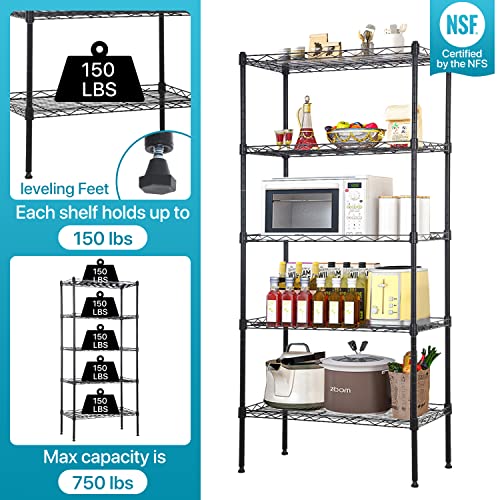 5 Wire Shelving Unit Storage Shelf Adjustable Heavy Duty Shelf with Leveling Feet for Closet Laundry Pantry Kitchen Garage 750 LBS Capacity 21.5" L x 11.6" W x 47.6" H, Black