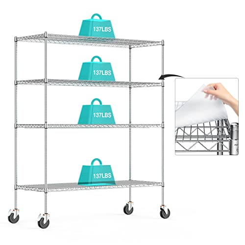 Raynesys NSF-Certified Wire Shelving with Wheels and Shelf Liners Set of 4, Heavy Duty Commercial-Grade Adjustable Utility Shelf, Metal Storage Rack, 2000Lbs Capacity, 4-Tier 60x24x72 in, Chrome