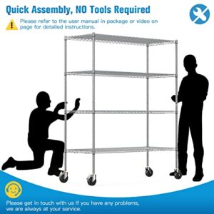 Raynesys NSF-Certified Wire Shelving with Wheels and Shelf Liners Set of 4, Heavy Duty Commercial-Grade Adjustable Utility Shelf, Metal Storage Rack, 2000Lbs Capacity, 4-Tier 60x24x72 in, Chrome