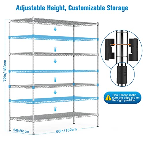 Raynesys NSF-Certified Wire Shelving with Wheels and Shelf Liners Set of 4, Heavy Duty Commercial-Grade Adjustable Utility Shelf, Metal Storage Rack, 2000Lbs Capacity, 4-Tier 60x24x72 in, Chrome