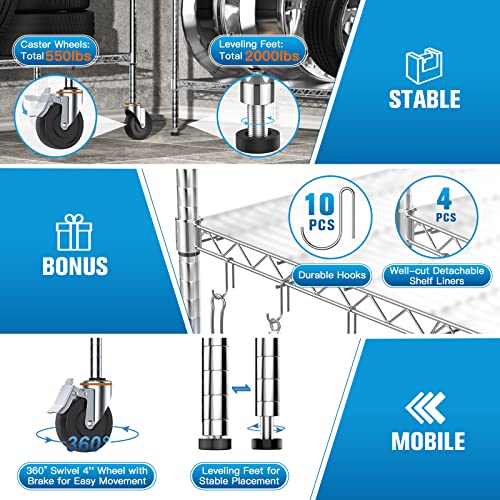 Raynesys NSF-Certified Wire Shelving with Wheels and Shelf Liners Set of 4, Heavy Duty Commercial-Grade Adjustable Utility Shelf, Metal Storage Rack, 2000Lbs Capacity, 4-Tier 60x24x72 in, Chrome