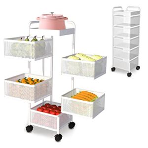 pinfengjiaju rotating kitchen storage shelf with handle, fruit vegetable storage basket, rolling storage cart, multifunctional household shelf for bedroom, bathroom, living room(white, 5-tier square)