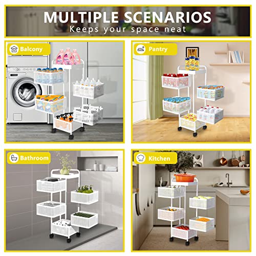 PINFENGJIAJU Rotating Kitchen Storage Shelf with Handle, Fruit Vegetable Storage Basket, Rolling Storage Cart, Multifunctional Household Shelf for Bedroom, Bathroom, Living Room(White, 5-Tier Square)