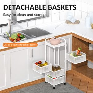 PINFENGJIAJU Rotating Kitchen Storage Shelf with Handle, Fruit Vegetable Storage Basket, Rolling Storage Cart, Multifunctional Household Shelf for Bedroom, Bathroom, Living Room(White, 5-Tier Square)