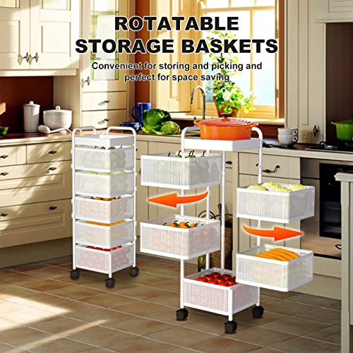 PINFENGJIAJU Rotating Kitchen Storage Shelf with Handle, Fruit Vegetable Storage Basket, Rolling Storage Cart, Multifunctional Household Shelf for Bedroom, Bathroom, Living Room(White, 5-Tier Square)