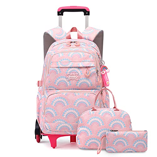 Mfikaryi 3PCS Girls Rolling Backpack Elementary Student Schoolbag Travel Trolley Bag Wheeled Bookbag with Lunch Box