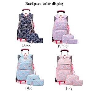 Mfikaryi 3PCS Girls Rolling Backpack Elementary Student Schoolbag Travel Trolley Bag Wheeled Bookbag with Lunch Box