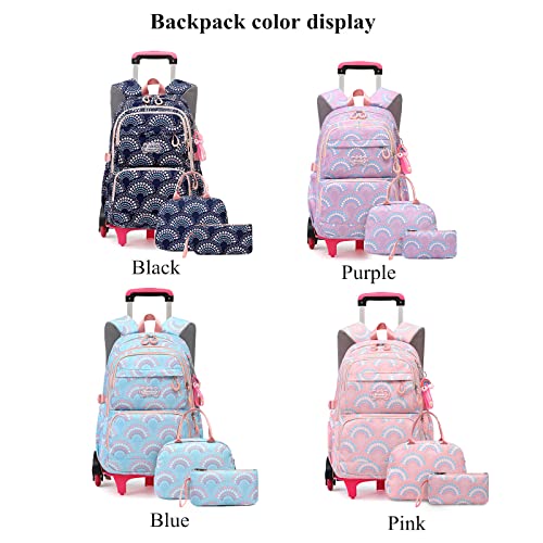 Mfikaryi 3PCS Girls Rolling Backpack Elementary Student Schoolbag Travel Trolley Bag Wheeled Bookbag with Lunch Box