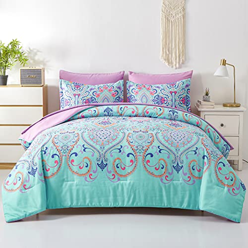 DHSFKBE King Size Comforter Set, 7 Piece Bed in a Bag, Boho Aqua and Lilac Damask Medallion Print Comforter with Sheets, Soft Microfiber Complete Bedding Set for All Season (Aqua, King)