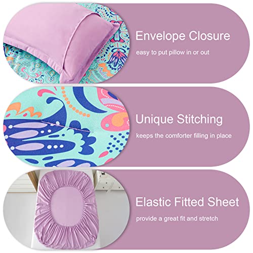 DHSFKBE King Size Comforter Set, 7 Piece Bed in a Bag, Boho Aqua and Lilac Damask Medallion Print Comforter with Sheets, Soft Microfiber Complete Bedding Set for All Season (Aqua, King)