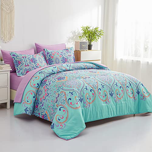 DHSFKBE King Size Comforter Set, 7 Piece Bed in a Bag, Boho Aqua and Lilac Damask Medallion Print Comforter with Sheets, Soft Microfiber Complete Bedding Set for All Season (Aqua, King)