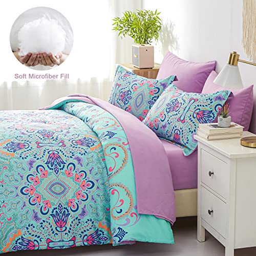 DHSFKBE King Size Comforter Set, 7 Piece Bed in a Bag, Boho Aqua and Lilac Damask Medallion Print Comforter with Sheets, Soft Microfiber Complete Bedding Set for All Season (Aqua, King)