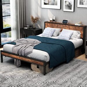 DUMEE Bed Frame Queen Size with Wood Storage Headboard, Metal Queen Platform Bed Frames, No Box Spring Needed, Noise Free, Black & Rustic Brown