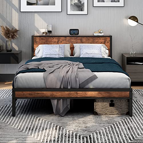 DUMEE Bed Frame Queen Size with Wood Storage Headboard, Metal Queen Platform Bed Frames, No Box Spring Needed, Noise Free, Black & Rustic Brown