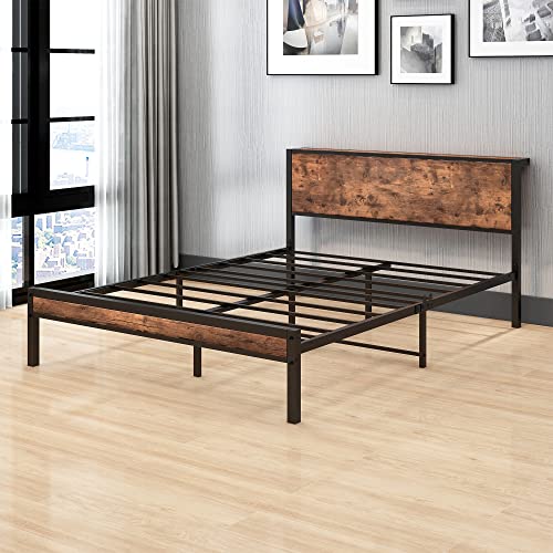 DUMEE Bed Frame Queen Size with Wood Storage Headboard, Metal Queen Platform Bed Frames, No Box Spring Needed, Noise Free, Black & Rustic Brown