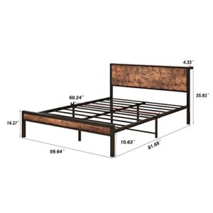 DUMEE Bed Frame Queen Size with Wood Storage Headboard, Metal Queen Platform Bed Frames, No Box Spring Needed, Noise Free, Black & Rustic Brown