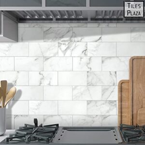 The Tiles Plaza Subway Backsplash Tile Peel and Stick, White Stone Self Adhesive Tiles, Stick on Marble Wall Tile for Kitchen, Bathroom, Fireplace. 12 x 12 Inch 10 Sheets