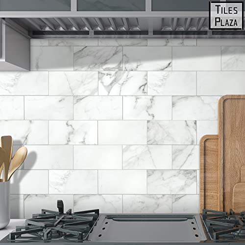 The Tiles Plaza Subway Backsplash Tile Peel and Stick, White Stone Self Adhesive Tiles, Stick on Marble Wall Tile for Kitchen, Bathroom, Fireplace. 12 x 12 Inch 10 Sheets