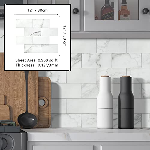 The Tiles Plaza Subway Backsplash Tile Peel and Stick, White Stone Self Adhesive Tiles, Stick on Marble Wall Tile for Kitchen, Bathroom, Fireplace. 12 x 12 Inch 10 Sheets