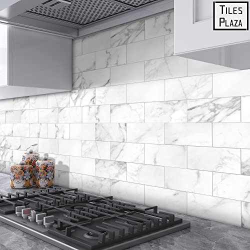 The Tiles Plaza Subway Backsplash Tile Peel and Stick, White Stone Self Adhesive Tiles, Stick on Marble Wall Tile for Kitchen, Bathroom, Fireplace. 12 x 12 Inch 10 Sheets