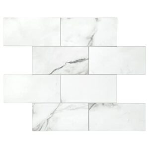 The Tiles Plaza Subway Backsplash Tile Peel and Stick, White Stone Self Adhesive Tiles, Stick on Marble Wall Tile for Kitchen, Bathroom, Fireplace. 12 x 12 Inch 10 Sheets