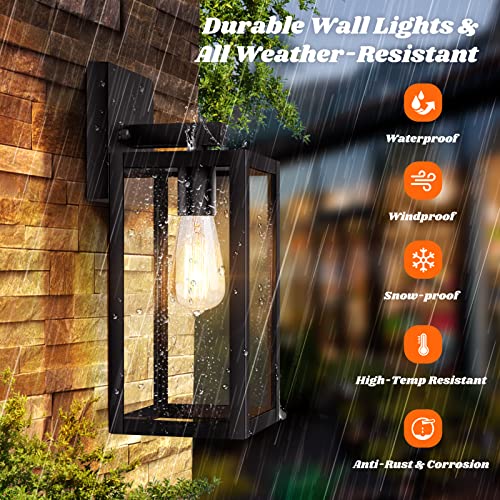 2-Pack Outdoor Light Fixtures Wall Mount, Waterproof Exterior Wall Lanterns with Clear Glass, Anti-Rust Outside Black Wall Sconces, Front Porch Lights for House Garage Doorway, Bulbs Not Included