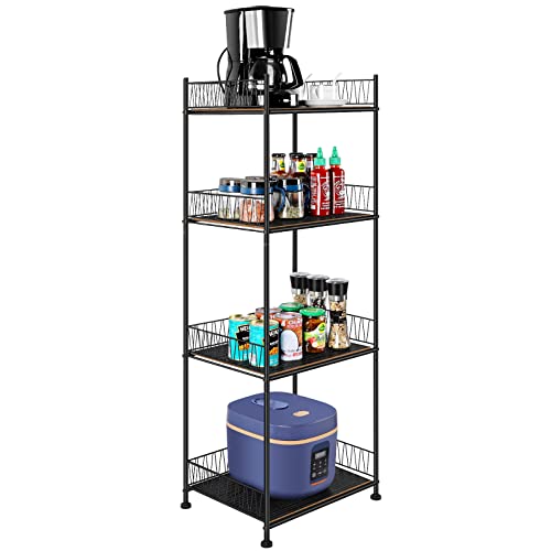 smusei 4 Tier Open Shelving Units Freestanding Kitchen Storage Rack Standing Kitchen Rack Organizer Large Capacity with Metal Wire Fence Wood Look Board for Small Spaces, Living Room, Black