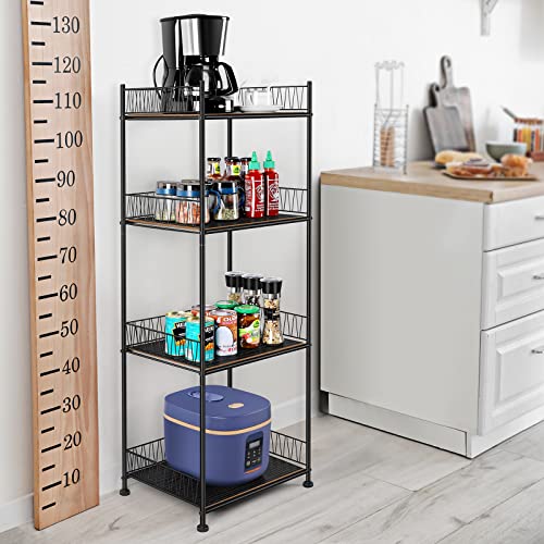 smusei 4 Tier Open Shelving Units Freestanding Kitchen Storage Rack Standing Kitchen Rack Organizer Large Capacity with Metal Wire Fence Wood Look Board for Small Spaces, Living Room, Black