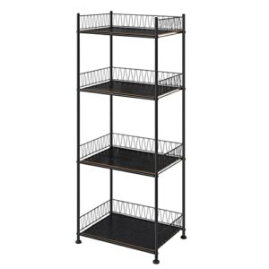 smusei 4 Tier Open Shelving Units Freestanding Kitchen Storage Rack Standing Kitchen Rack Organizer Large Capacity with Metal Wire Fence Wood Look Board for Small Spaces, Living Room, Black