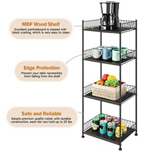 smusei 4 Tier Open Shelving Units Freestanding Kitchen Storage Rack Standing Kitchen Rack Organizer Large Capacity with Metal Wire Fence Wood Look Board for Small Spaces, Living Room, Black