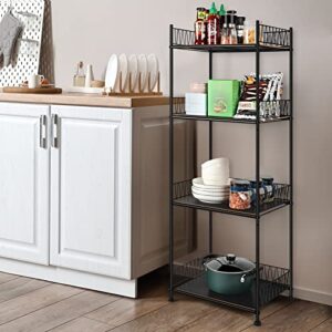 smusei 4 Tier Open Shelving Units Freestanding Kitchen Storage Rack Standing Kitchen Rack Organizer Large Capacity with Metal Wire Fence Wood Look Board for Small Spaces, Living Room, Black