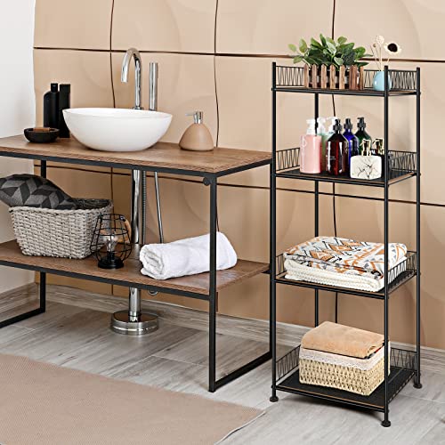 smusei 4 Tier Open Shelving Units Freestanding Kitchen Storage Rack Standing Kitchen Rack Organizer Large Capacity with Metal Wire Fence Wood Look Board for Small Spaces, Living Room, Black