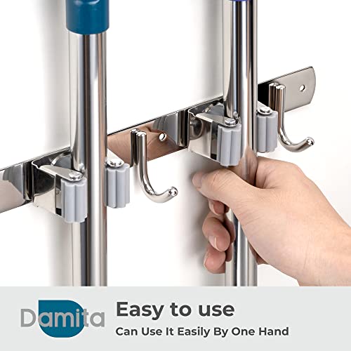 Damita Broom Holder Wall Mount, 3 Racks 4 Hooks Mop Hanger Wall Mount for Kitchen Garage Garden Metal Tool Organization - 304 Stainless Steel Non-slip Broom Organizer Wall Mount (1 Pack, Silver)