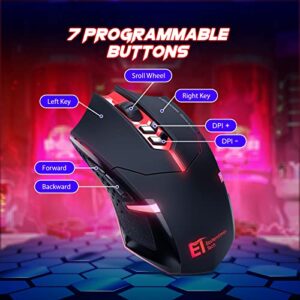 T-DAGGER Wireless Gaming Mouse- USB Cordless PC Accessories Computer Mice with Red LED Backlit, Ergonomic Gamer Laptop Mouse with 7 Silent Buttons, 5 Adjustable DPI Plug & Play for PC