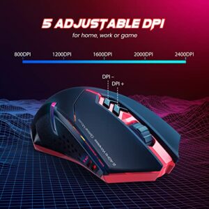 T-DAGGER Wireless Gaming Mouse- USB Cordless PC Accessories Computer Mice with Red LED Backlit, Ergonomic Gamer Laptop Mouse with 7 Silent Buttons, 5 Adjustable DPI Plug & Play for PC