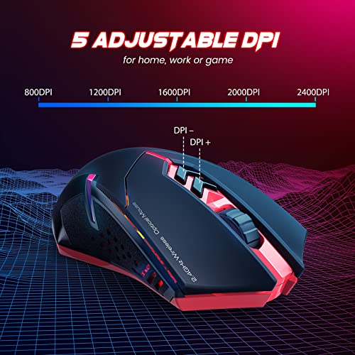 T-DAGGER Wireless Gaming Mouse- USB Cordless PC Accessories Computer Mice with Red LED Backlit, Ergonomic Gamer Laptop Mouse with 7 Silent Buttons, 5 Adjustable DPI Plug & Play for PC