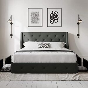 Allewie Queen Bed Frame with 4 Storage Drawers and Wingback Headboard, Button Tufted Design, No Box Spring Needed, Dark Grey