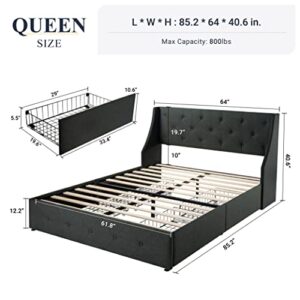 Allewie Queen Bed Frame with 4 Storage Drawers and Wingback Headboard, Button Tufted Design, No Box Spring Needed, Dark Grey