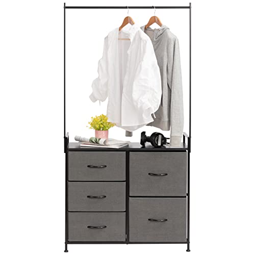 MATICO 5 Chest of Drawers with Non-Woven Fabric Storage Bin, Desser Organizer with Clothes Hanger for Bedroom, Living Room, Laundry, Dormitory, Grey